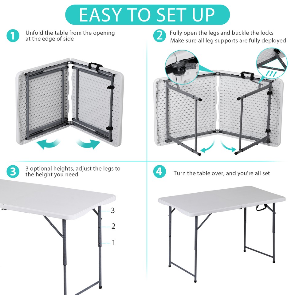 Folding Table Adjustable 4FT Plastic Table Picnic Camping w/Carry ...
