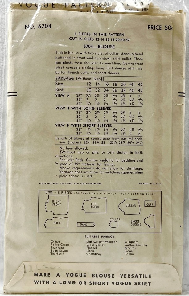 1950 Vogue Sewing Pattern 6704 Womens Blouse 2 Styles Size 16 Vintage ...