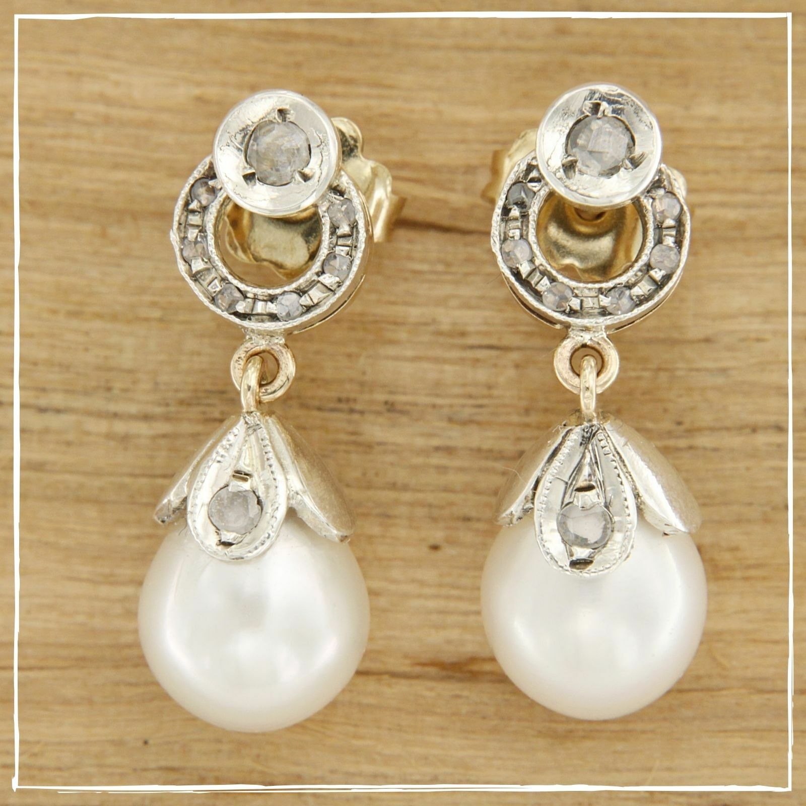 Orecchini in ORO Giallo 14 kt e di PERLE Vere con DIAMANTI Pendenti da ...