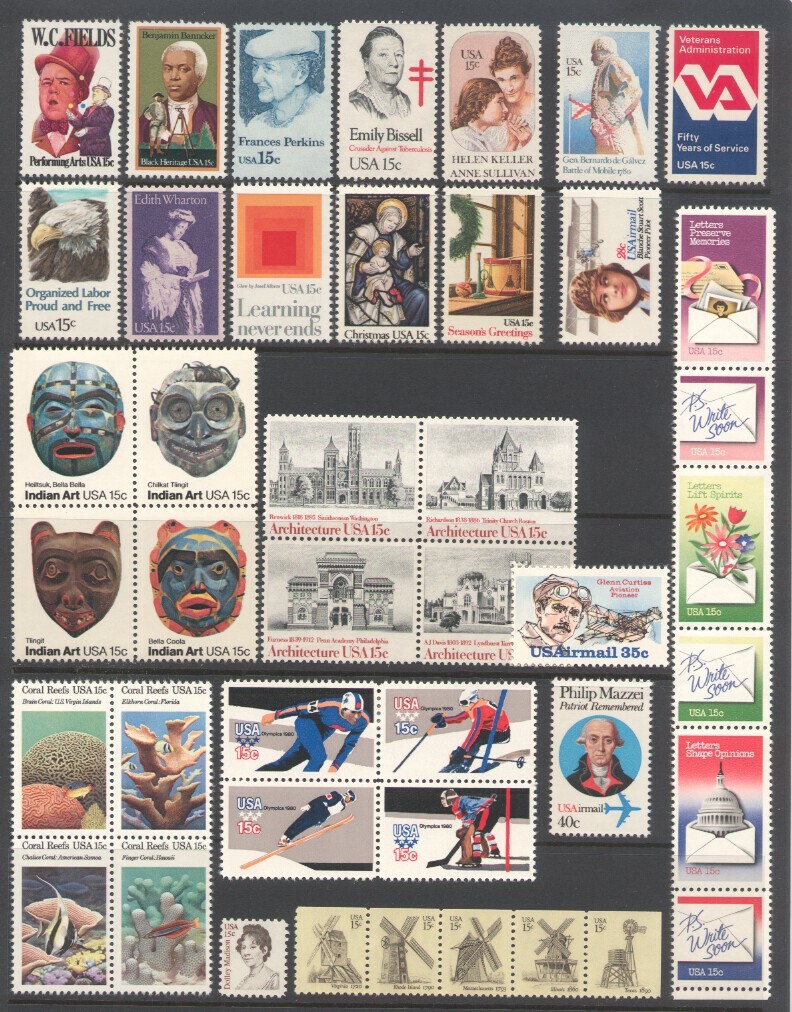 1980 U.S. COMMEMORATIVE YEAR SET *43 STAMPS* INCLUDES AIRMAILS C98-C100 ...