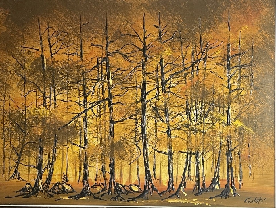 Large MCM Drip Painting Forest On Orange Background Signed Galate 34x45 ...