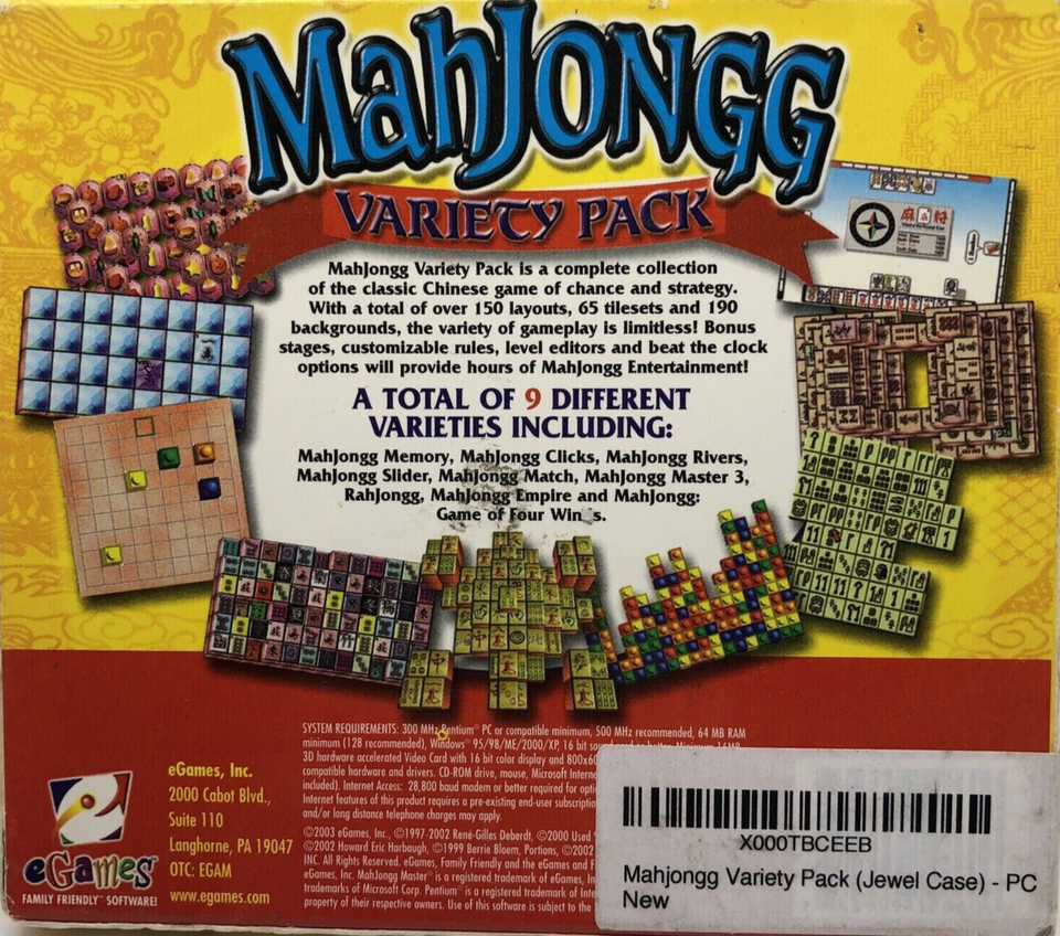 eGames MahJongg Variety Pack (PC, 2002) - NIB Windows 95/98/ME 2000/XP ...