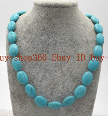 Pretty 13x18mm Blue Oval Turquoise Gemstone Beads knotted Necklace 14 ...
