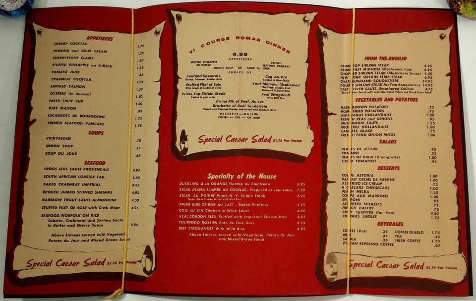1960's Vintage Full Size Vinyl Dinner Menu II CAESARS Restaurant ...