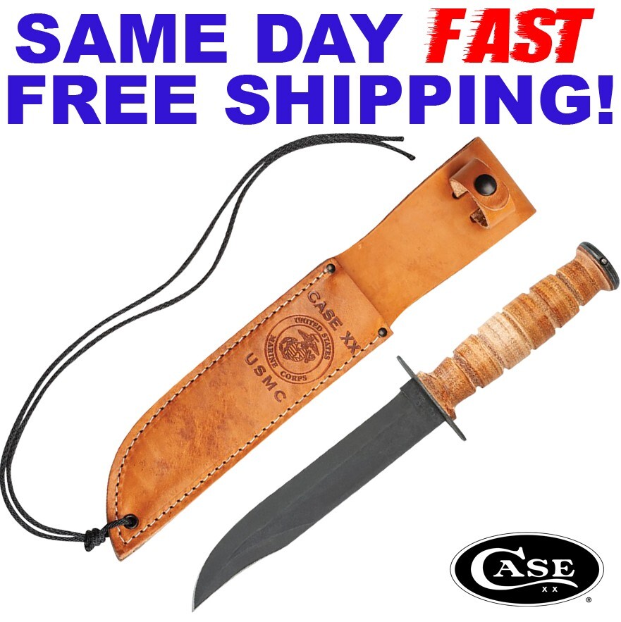 Case xx U.S. Marines USMC Knife Fixed Blade Grooved Leather Carbon ...