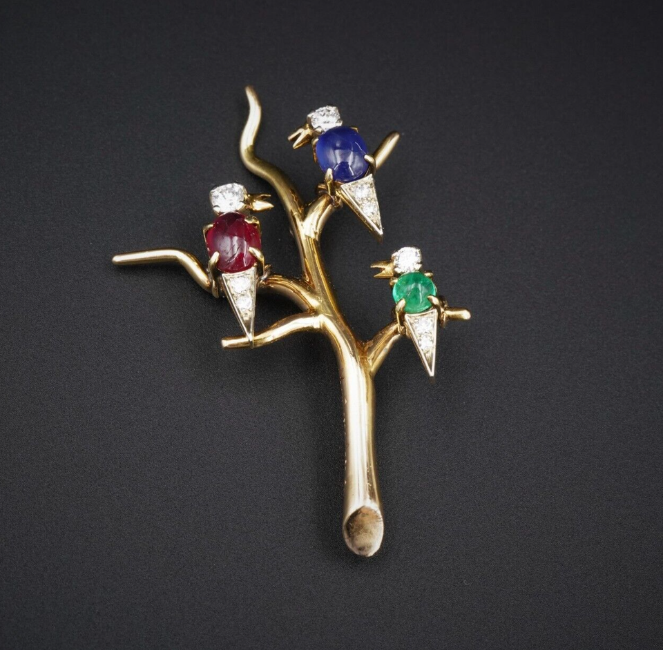 Van Cleef & Arpels VCA 18k Gold Ruby Sapphire Emerald Bird Brooch Pin 2 ...