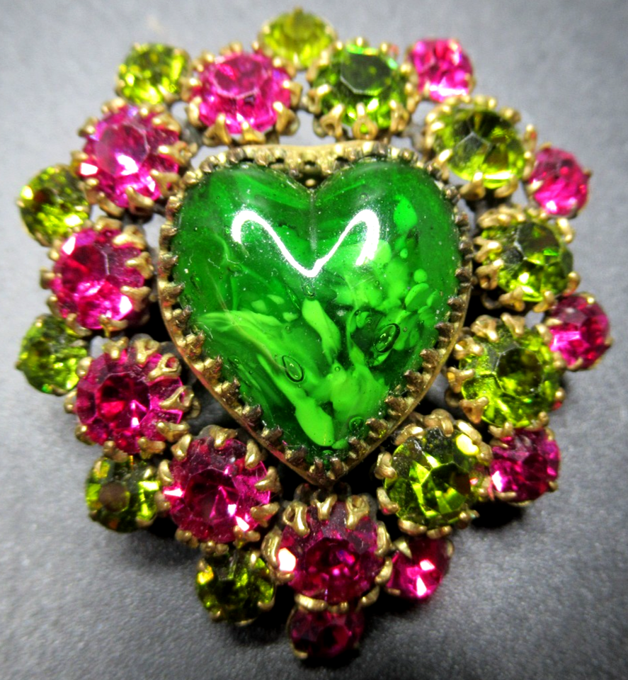 COUNTESS CISSY ZOLTOWSKA CIS French Pink & Green Glass Rhinestone Heart ...