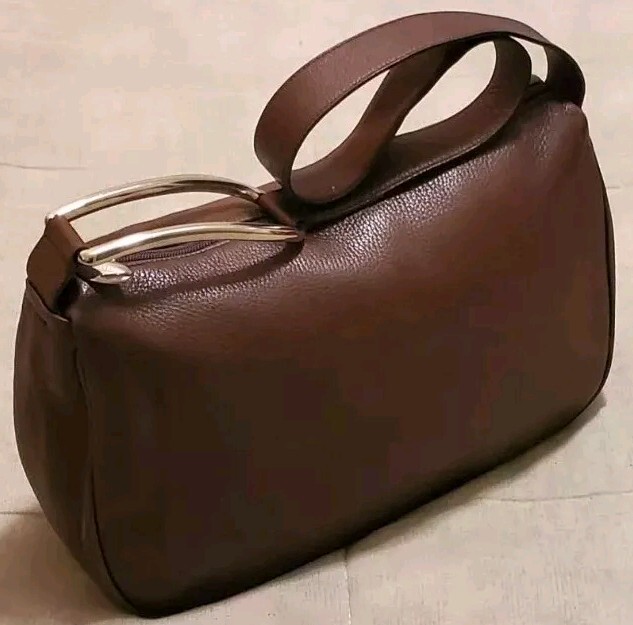FURLA BROWN PEBBLED LEATHER SHOULDERBAG W/SIGNATURED SILVER STRAP ...
