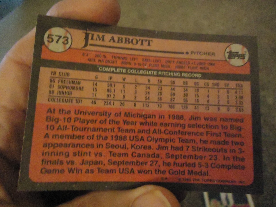 (4) jim ABBOTT Cards 1989 Topps #573 FANTASTIC SHAPE ANGELS 1 ARM ...
