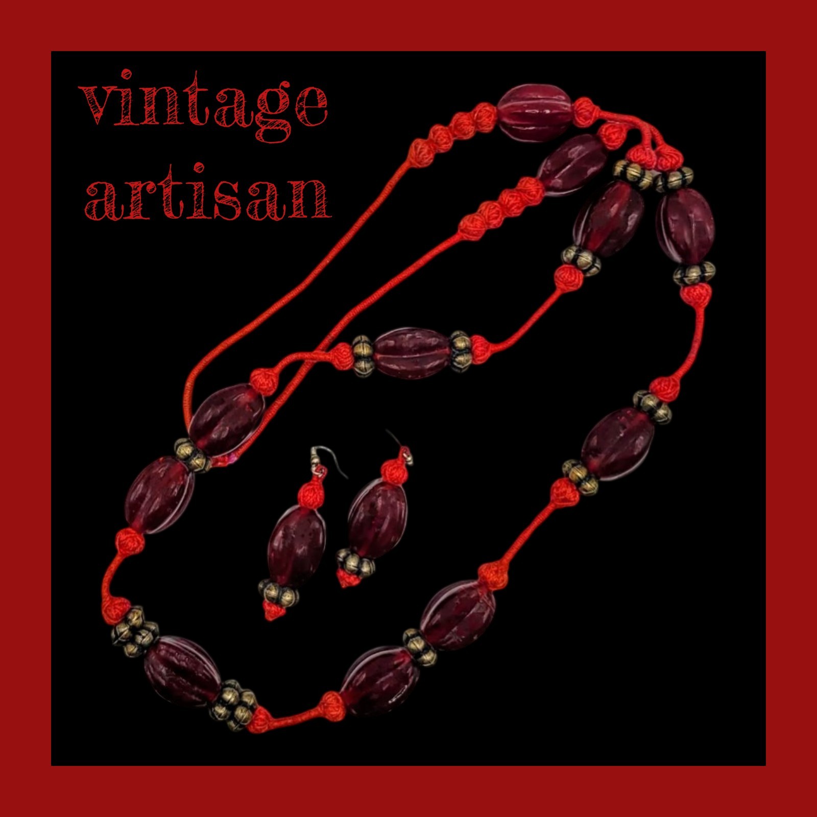 Vintage RED GLASS BEADS Necklace & Earrings Set BOHO CHIC Ethnic GYPSY ...