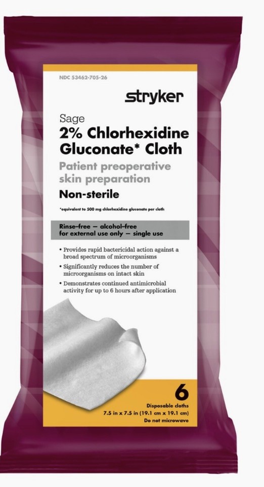 (4 Pks) Stryker Sage 2% Chlorhexidine Gluconate Cloth - NEW- 24 Wipes ...