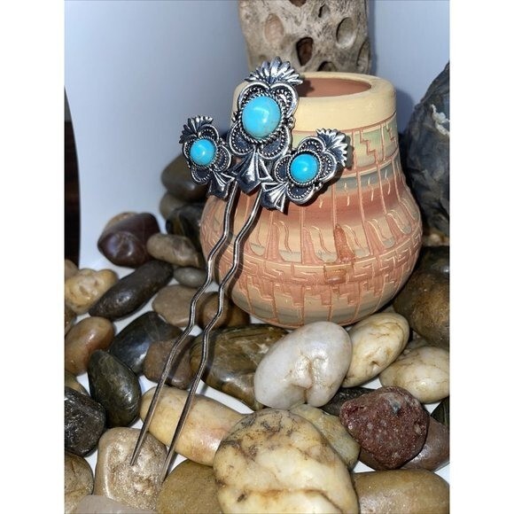 TURQUOISE WESTERN HAIR PIN STICK BARRETTE JEWELRY NATIVE AMERICAN ...