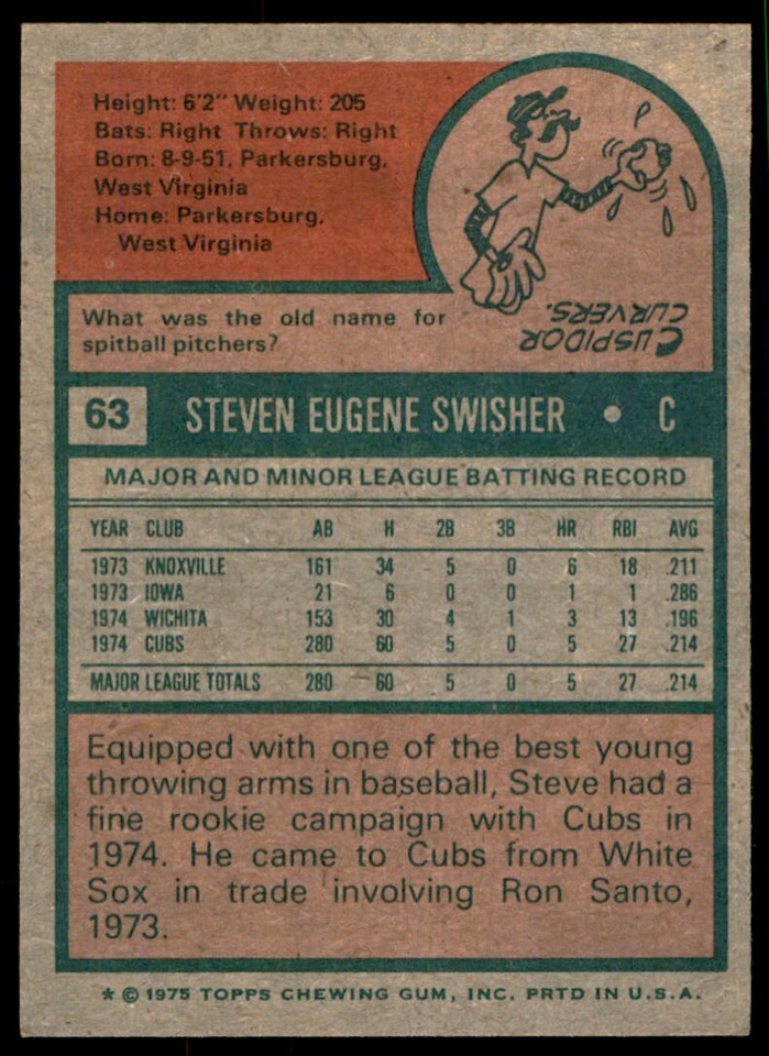 1975 TOPPS STEVE SWISHER 100 CHICAGO CUBS #63 | eBay