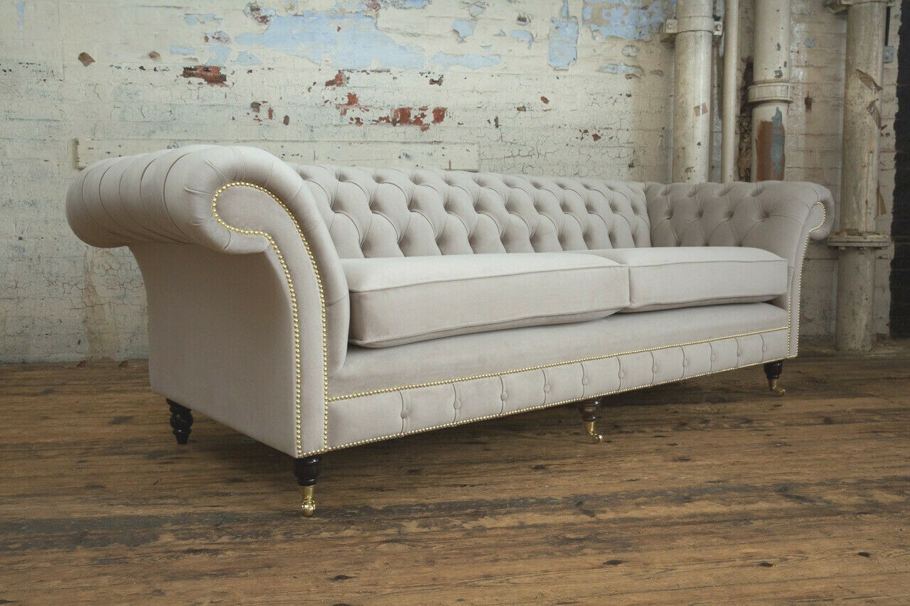 MODERN HANDMADE 4 SEATER SOFT CREAM VELVET CUSHIONED CHESTERFIELD SOFA ...