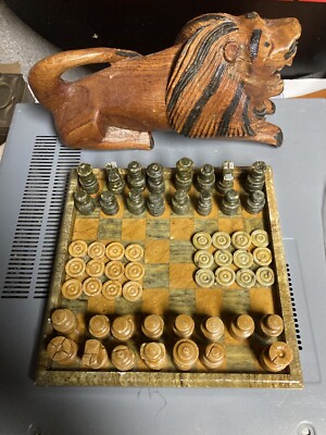 Marble Chess & Checkers Board Set Natural Stone Carved Pieces (SEE ...