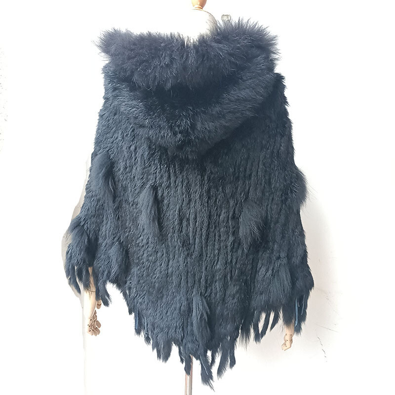 Women Knitted Real Rabbit Fur Hood Coat Raccoon Fur Collar Tassel Cloak ...