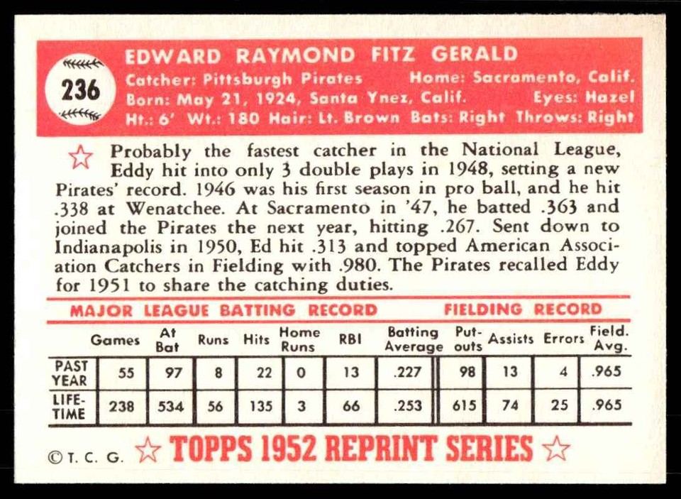 1983 Topps 1952 Reprint Series Ed Fitz Gerald Pittsburgh Pirates #236 ...