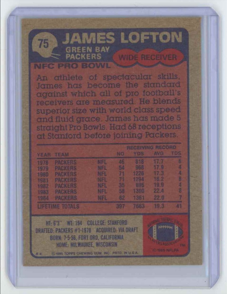 1985 Topps Football Card James Lofton Green Bay Packers #75 | eBay