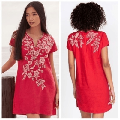 Johnny Was Abigail Easy Tunic Dress Embroidered Linen Red White XS | eBay