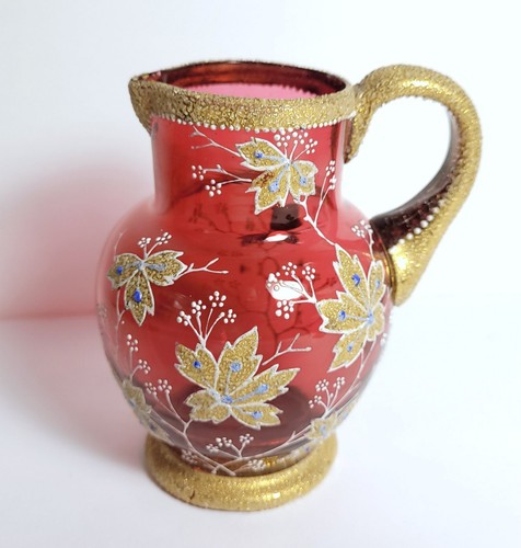 Antique Coralene + Enamel Cranberry Glass Pitcher leaf pattern 4 5/8 ...