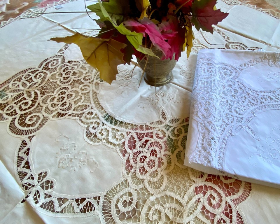 Vintage Battenburg Lace Tablecloth 70" Round 84" Round White Ecru Home ...