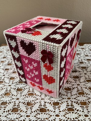 Handmade Needlepoint Plastic Canvas Tissue Box Cover - Pink Heart ...