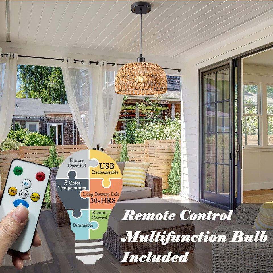 Battery Operated Pendant Light With Remote,Battery hanging light Rattan ...