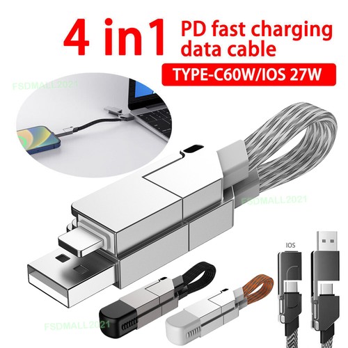 Keychain 4In1 Multi USB Type C Fast Charging Cable Data Sync For iPhone ...