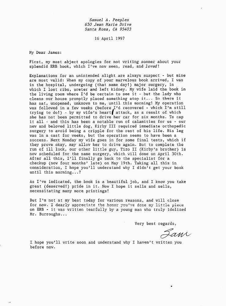 SAMUEL A. PEEPLES original 1997 letter about Edgar Rice Burroughs. | eBay