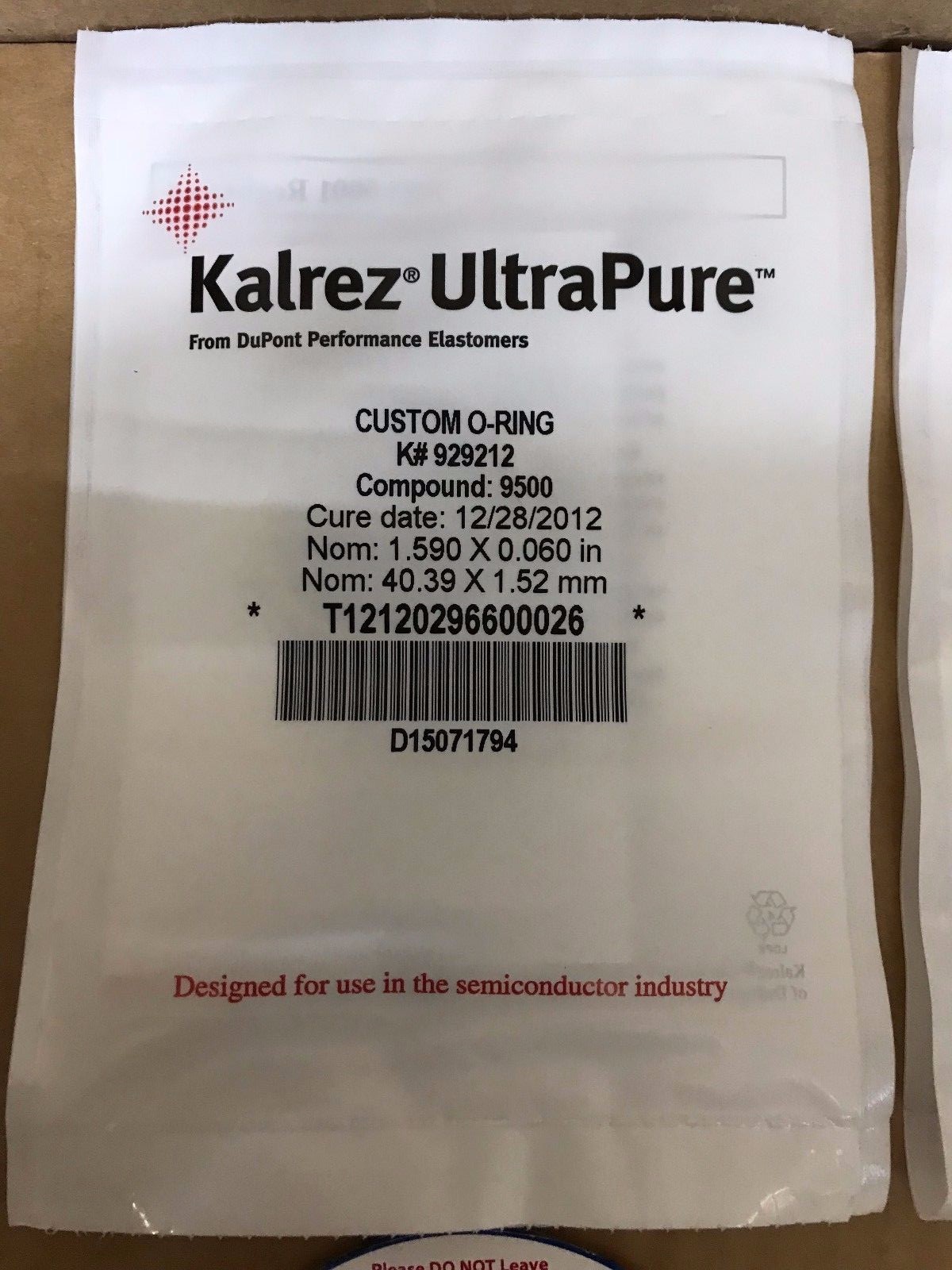 2 NEW KALREZ CUSTOM O-RING K# 929212 COMPOUND 9500 ID 1.590 X 0.060 ...