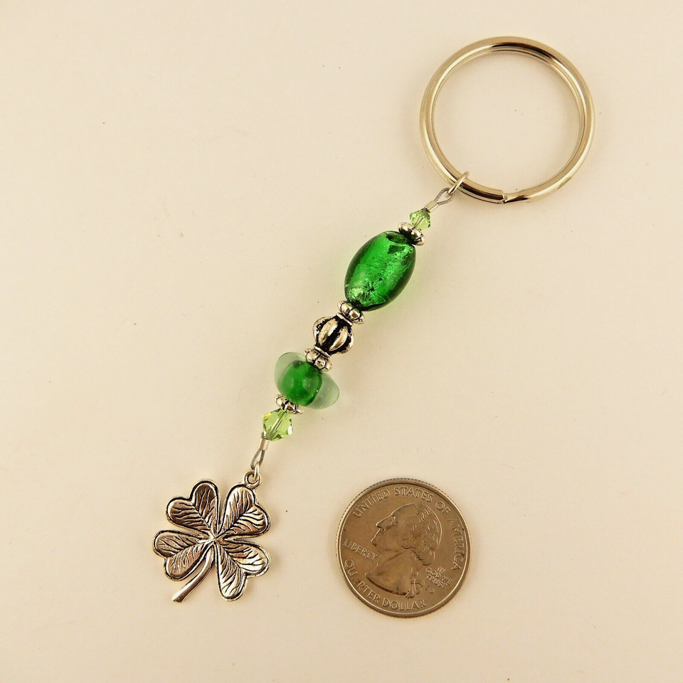 Lucky Four Leaf Clover, Irish shamrock Key chain, Key tag, Green Foil ...