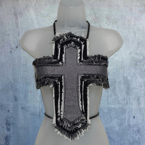 New Medium Denim Fringe Cross Backless Halter Top Crop Blouse ...