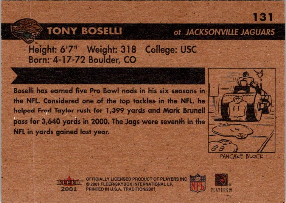 2001 Fleer Tradition Glossy Tony Boselli #131 Jacksonville Jaguars ...