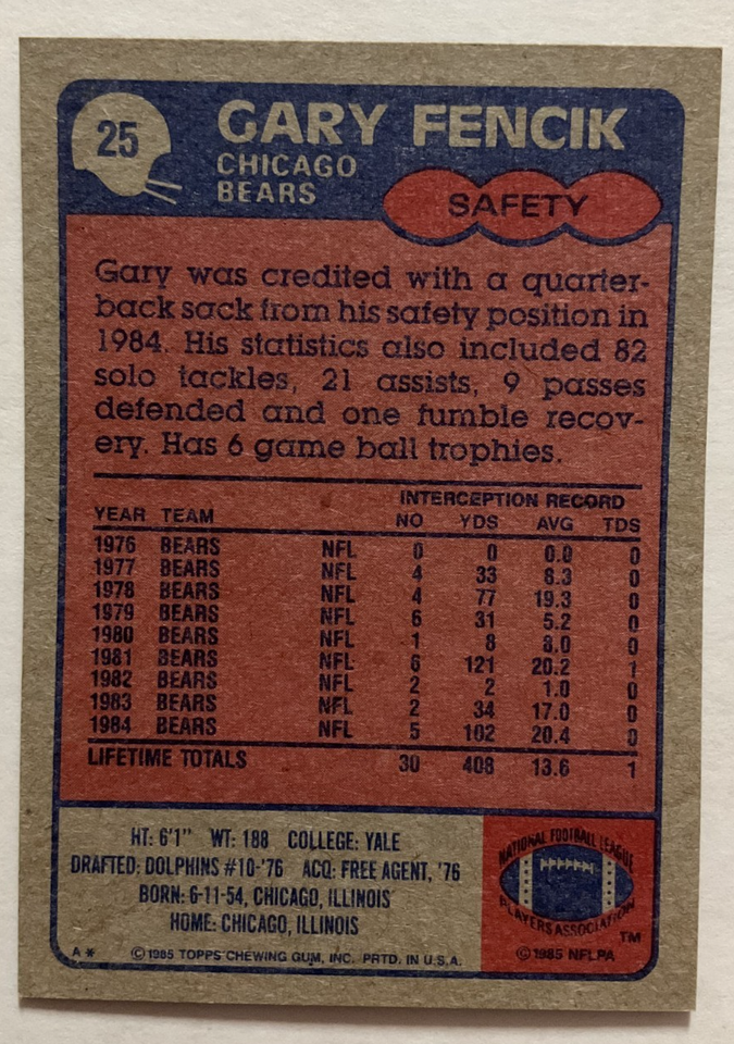 Gary Fencik #25 1985 Topps Football | eBay