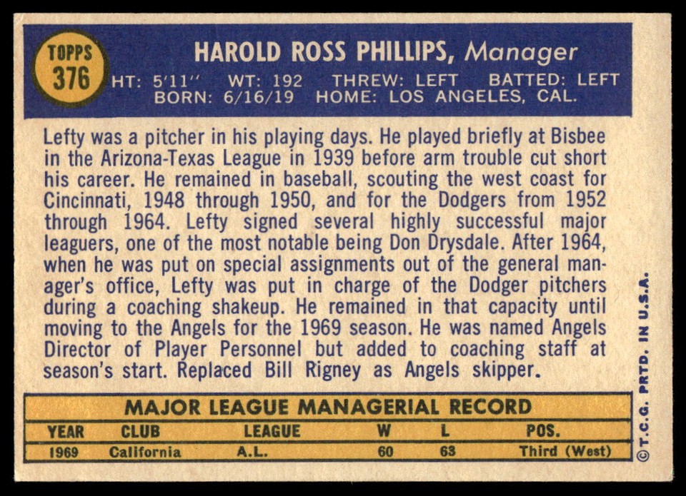 1970 Topps #376 Lefty Phillips BASEBALL California Angels | eBay