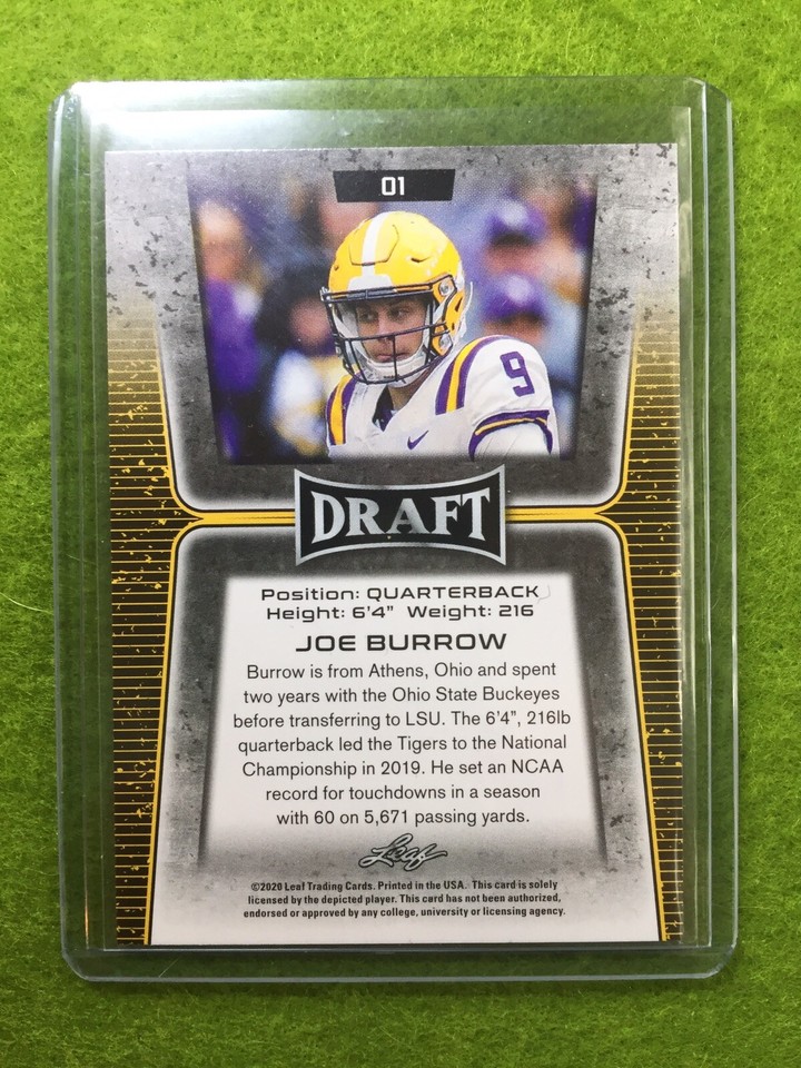 JOE BURROW ROOKIE CARD JERSEY #9 LSU GOLD RC 2020 Leaf Football BENGALS ...