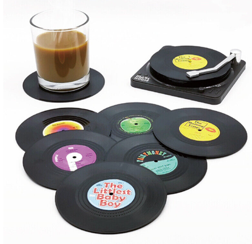 7 PCS RETRO VINYL RECORD DISK COASTERS +RECORD PLAYER HOLDER COASTERS ...