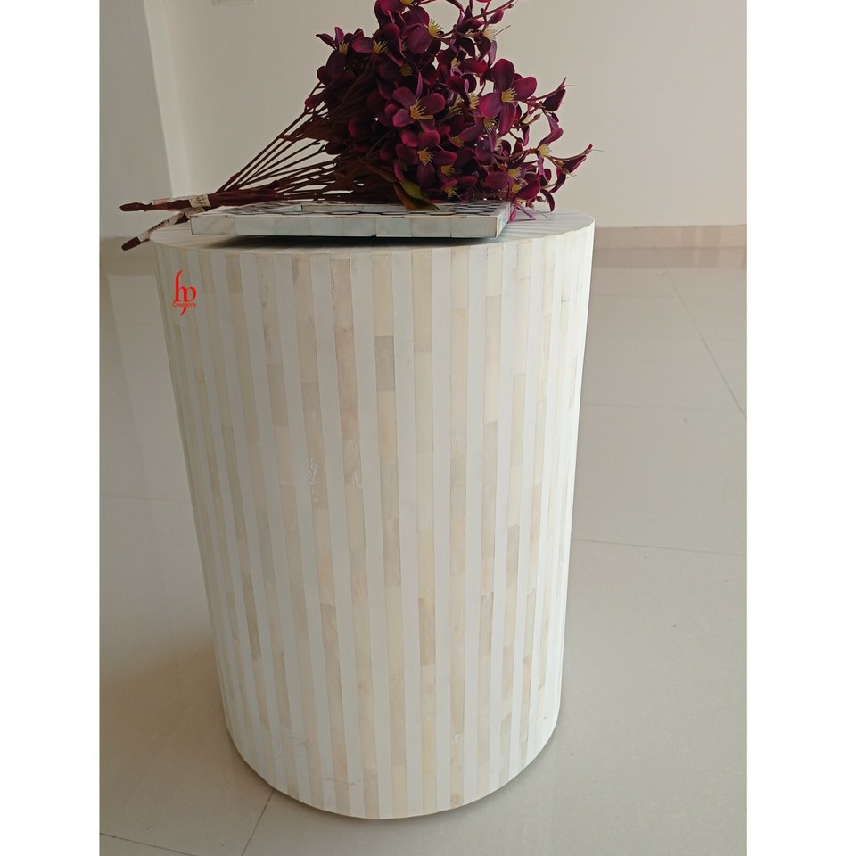 White Round Stool | Handmade Bone Inlay Stripe Stool Table | Home Decor ...