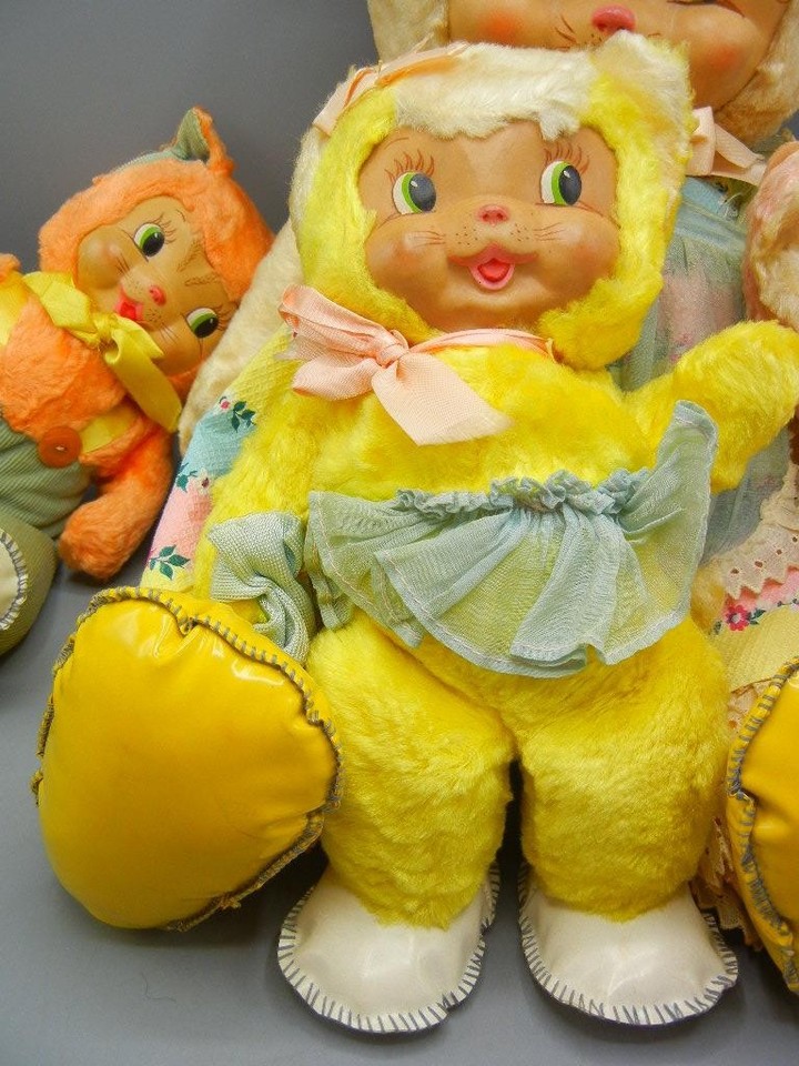 Vintage RUSHTON Plush Rubber Vinyl Molded Face *Mama Cat & 3 Kittens w ...