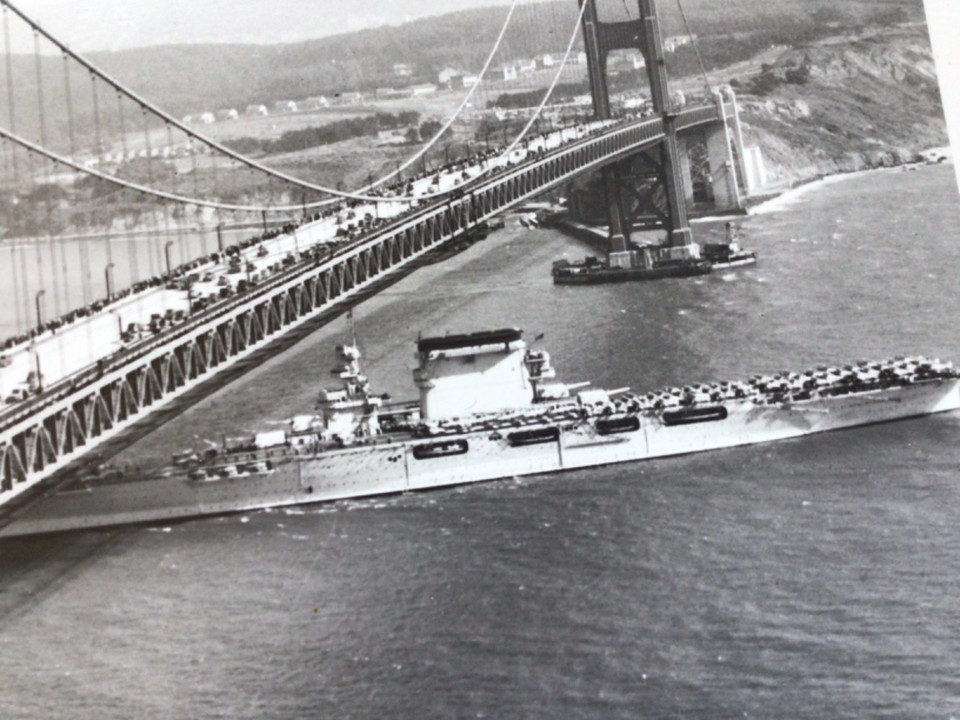 US WWII Navy Photo USS Lexington under Golden Gate Bridge 8X10 Black ...