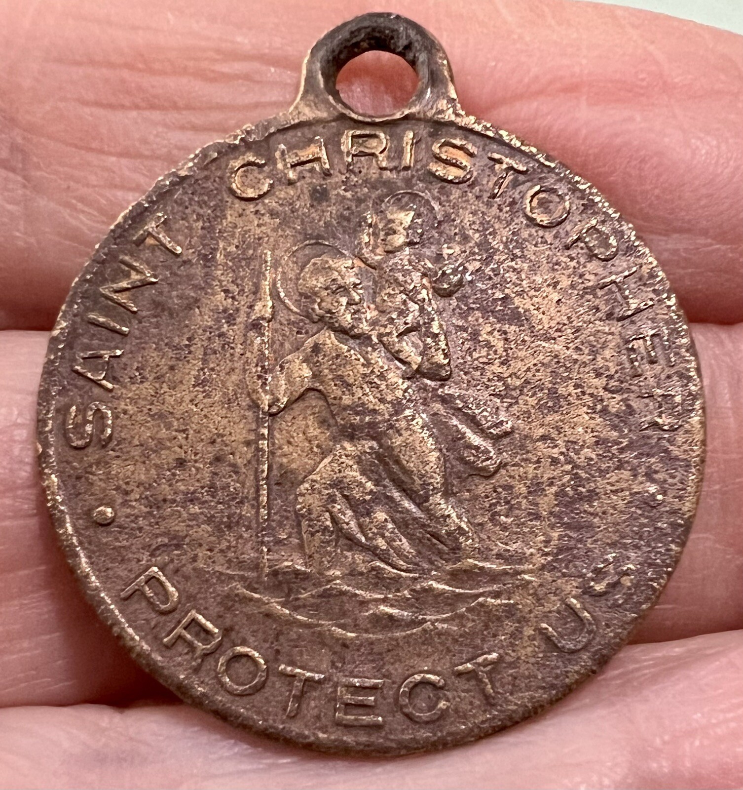 Antique ST CHRISTOPHER PROTECT US/I Am Catholic Call Priest Bronze ...