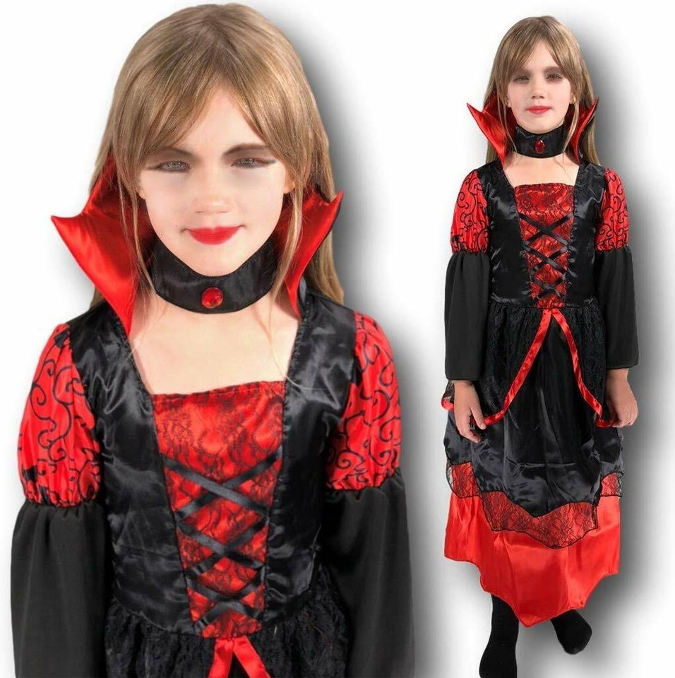 Girls Vampire Costume Dracula Queen Halloween Bat Vampiress Fancy Dress ...