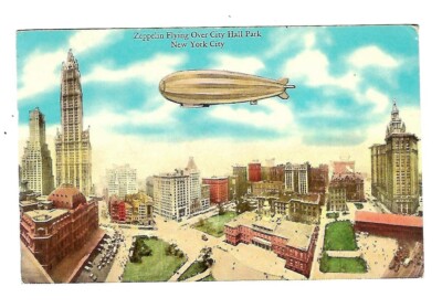 1934 Postcard Zeppelin Flying Over City Hall Park NY, Fast Rutherford ...