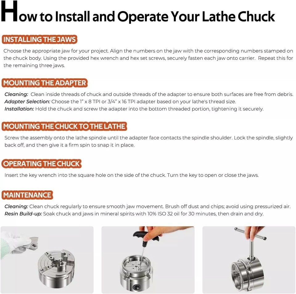 For Nova 1" x 8 TPI Thread 4-Inch Self-Centering 4 Jaw Wood Lathe Chuck ...