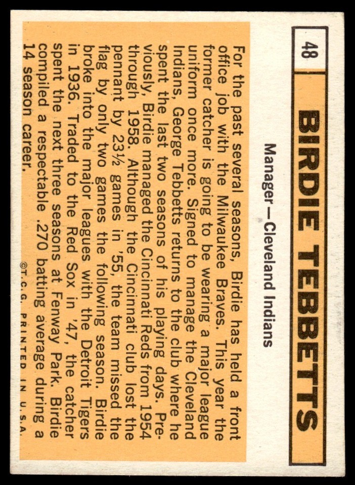 1963 Topps Birdie Tebbetts ^^ Cleveland Indians #48 | eBay