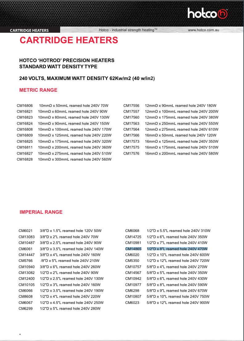Hotco Rod Heater Element CM14865 Dia.: 1/2" x Length: 8" Reamed Hole ...