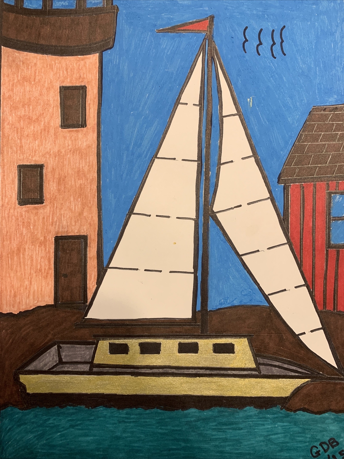 Gold Sail Boat Harbor Drawing House Colorful Art Water Sea Travel Bay ...