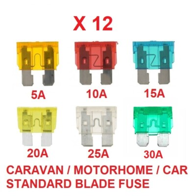 12 x Caravan Motorhome Blade Fuses Multi Pack Spare Fuse 5A 10A 15A 20A ...