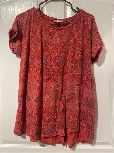 Lucky Brand Womens Tunic Top Size 1X Red Paisley Back Slit Roll Tab ...