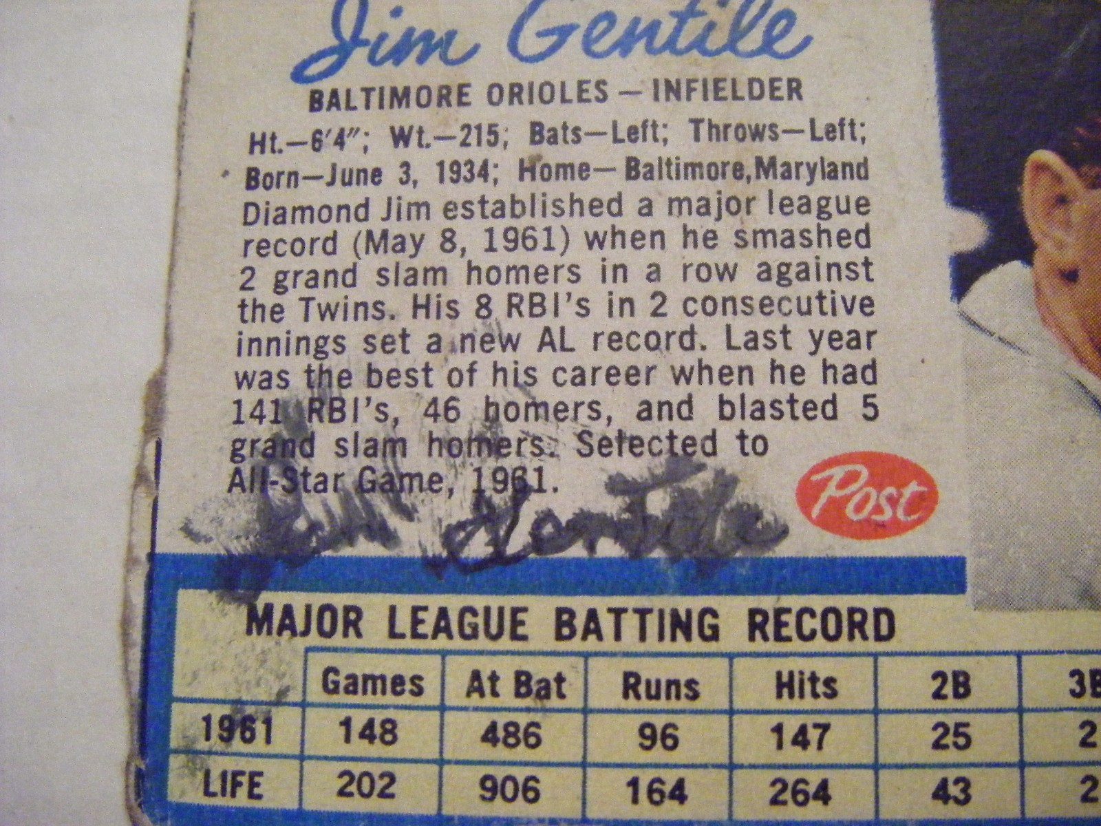 JIM GENTILE signed ORIOLES 1962 Post baseball card AUTO DODGERS KC A's ...